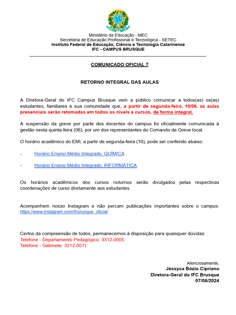 COMUNICADO OFICIAL 7 - Retorno Integral Assinado | PDF