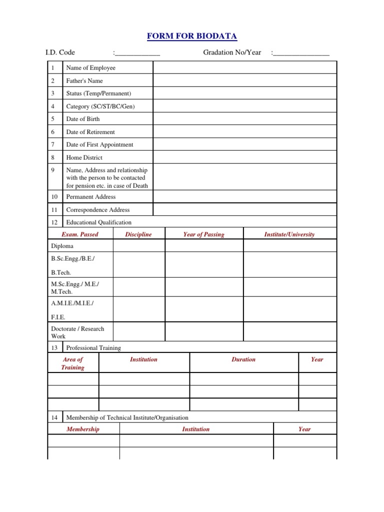 Employee Biodata Form Template | PDF