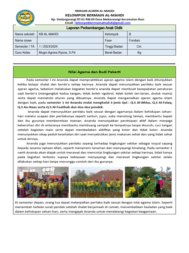 Contoh Rapor Kurmer KB TK | PDF