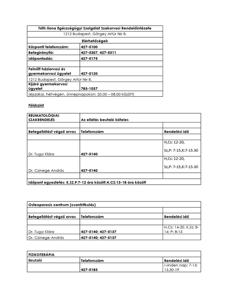 Toth Ilona Egeszsegugyi Szolgalat Szakorvosi Rendelointezete | PDF