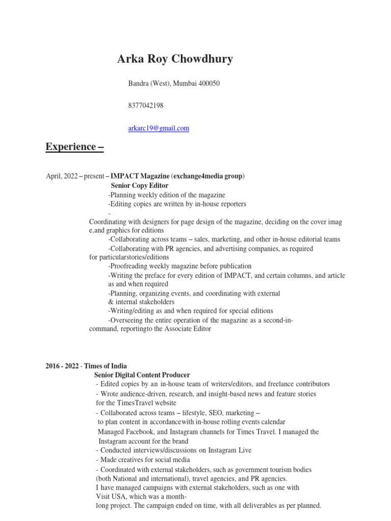 Resume For Arka | PDF | Public Relations | Editing