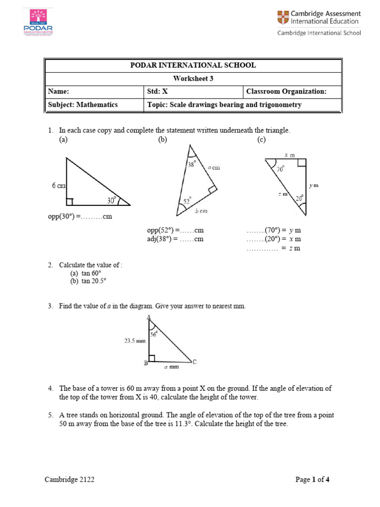 WS - 3 - QP - Cambridge - X - Math - Scale Drawings, Bearings and Trigonometry | PDF ...