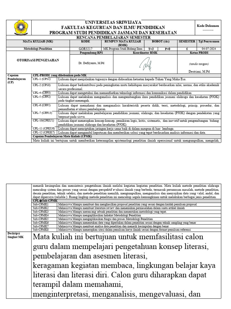 RPS Metodologi Penelitian 2024 | PDF | Karier & Perkembangan | Seni
