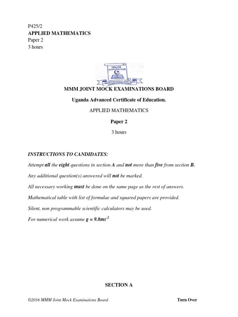 s6 Applied Mathematics Paper 2 Joint Mock | PDF | Velocity | Physics