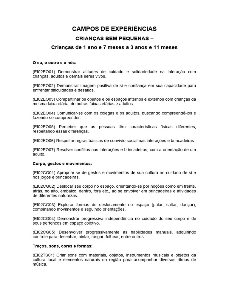Campos De Experiencias Crian as 1 Ano E 7 Meses A 3 Anos E 11 Meses PDF