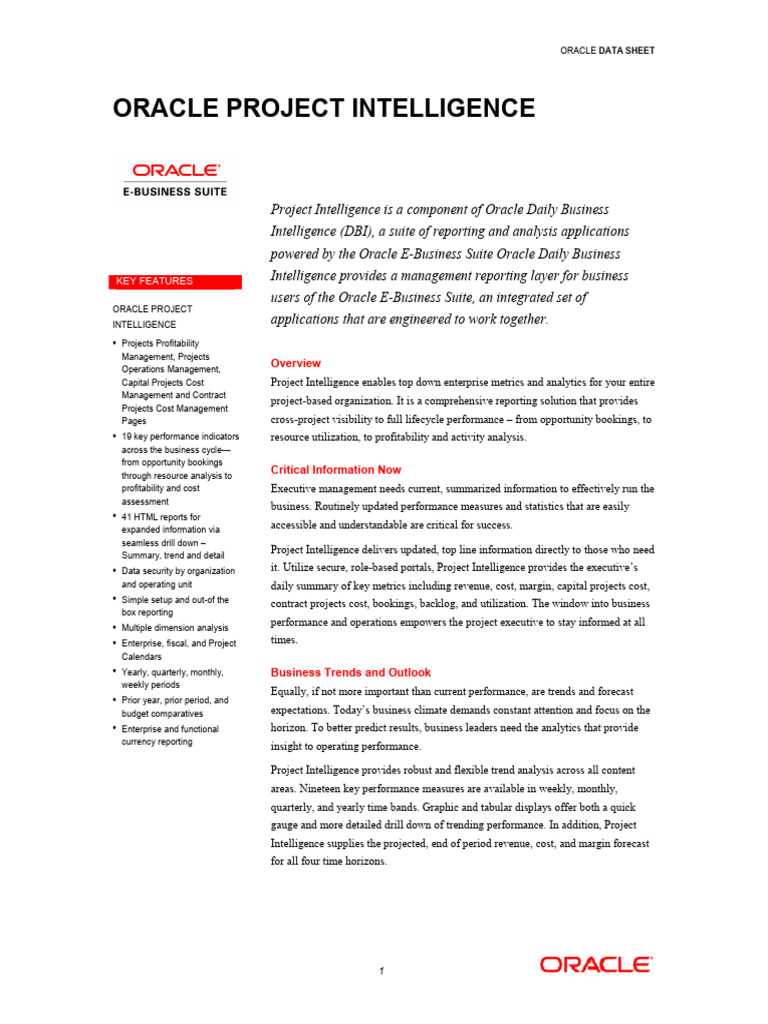 Oracle Project Intelligence Datasheet | PDF | Expense | Cost