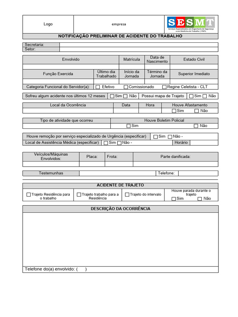 Nat - Notificação Preliminar de Acidente de Trabalho Ficha | PDF