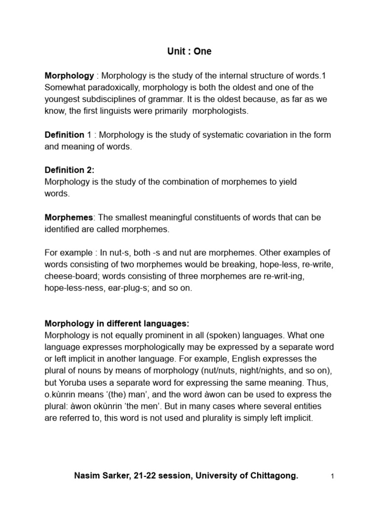Unit One Morphology | PDF | Morphology (Linguistics) | Word