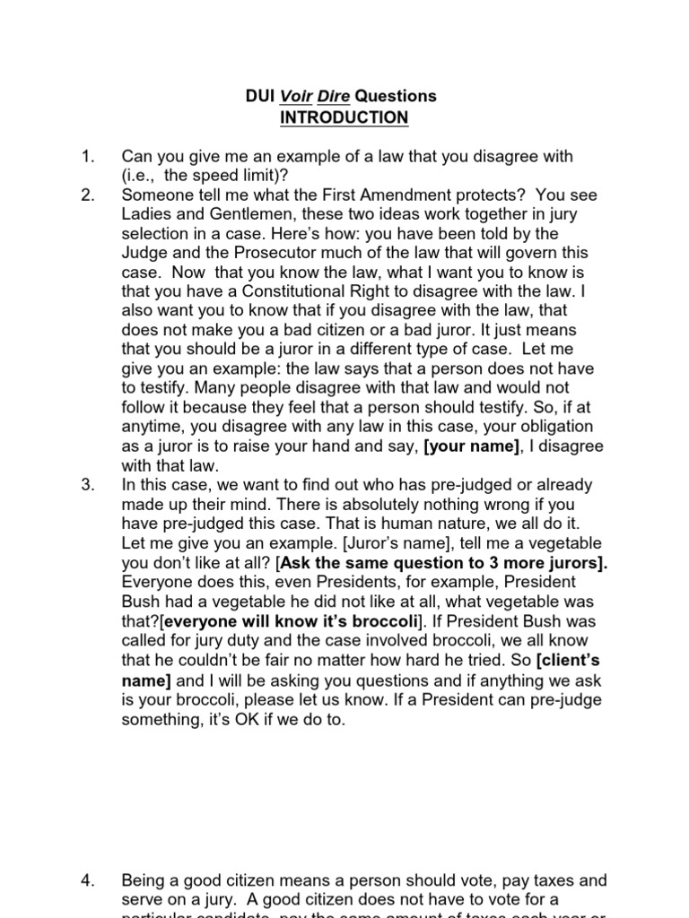 DUI Voir Dire Questions | PDF | Driving Under The Influence | Crime ...
