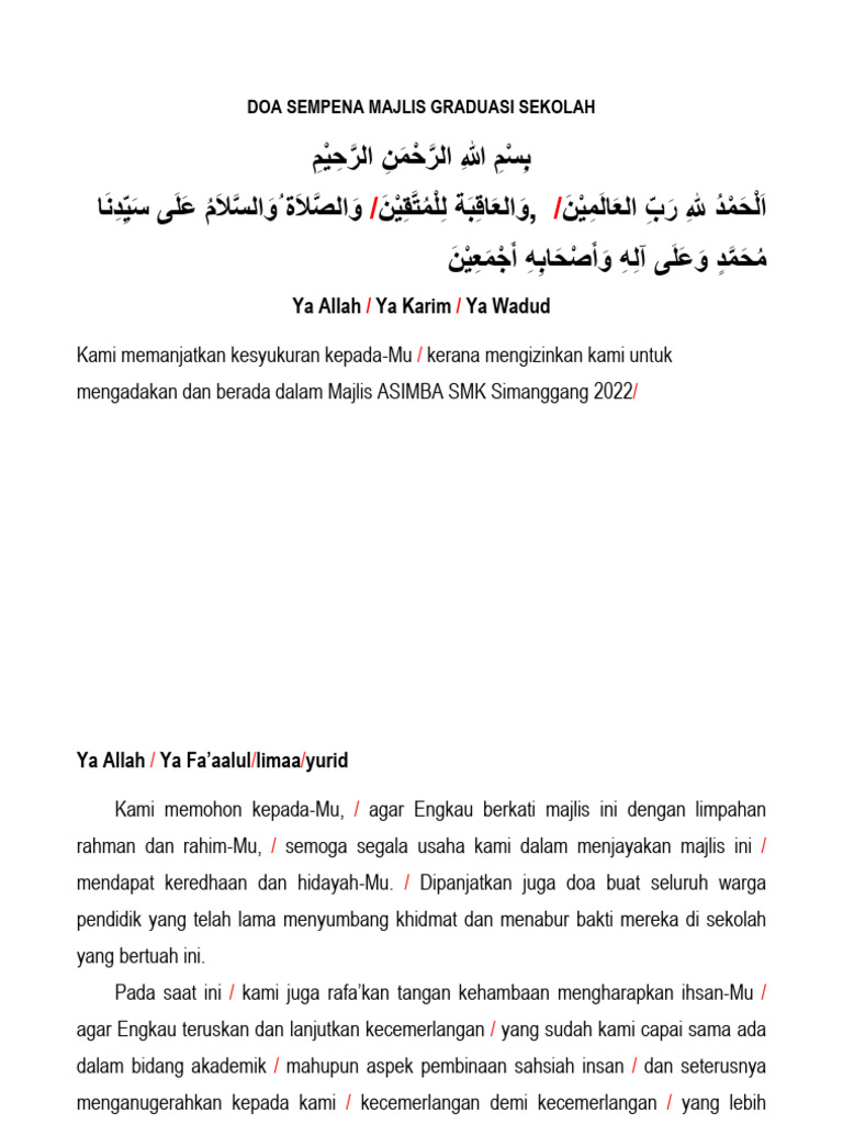 Doa Majlis Graduasi SMK Simanggang | PDF