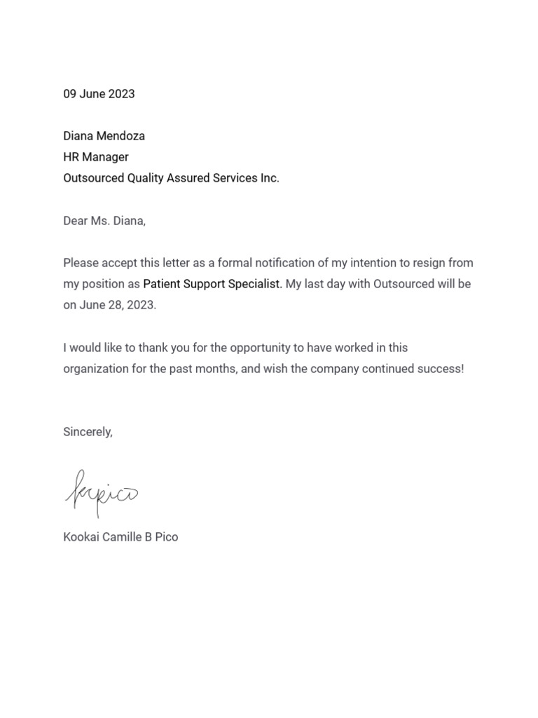 [OUTSOURCED] Resignation Letter | PDF