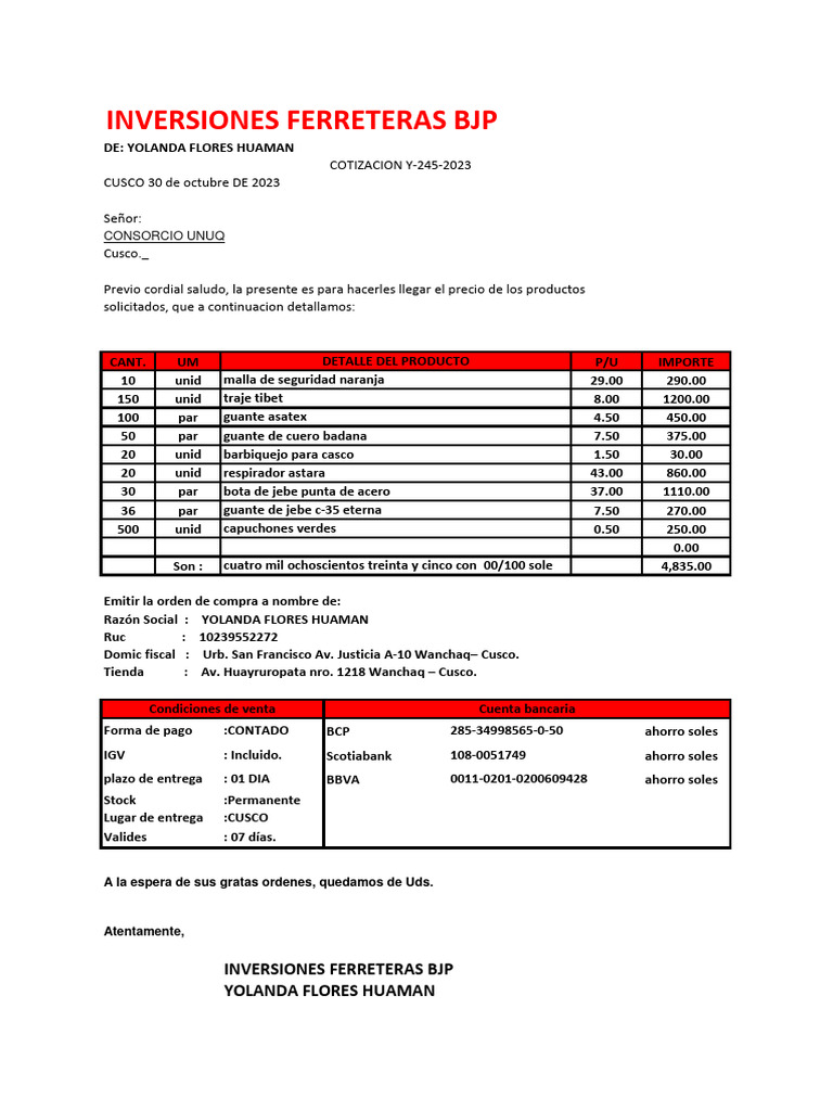 COTIZACION Epps Unuq Malla | PDF