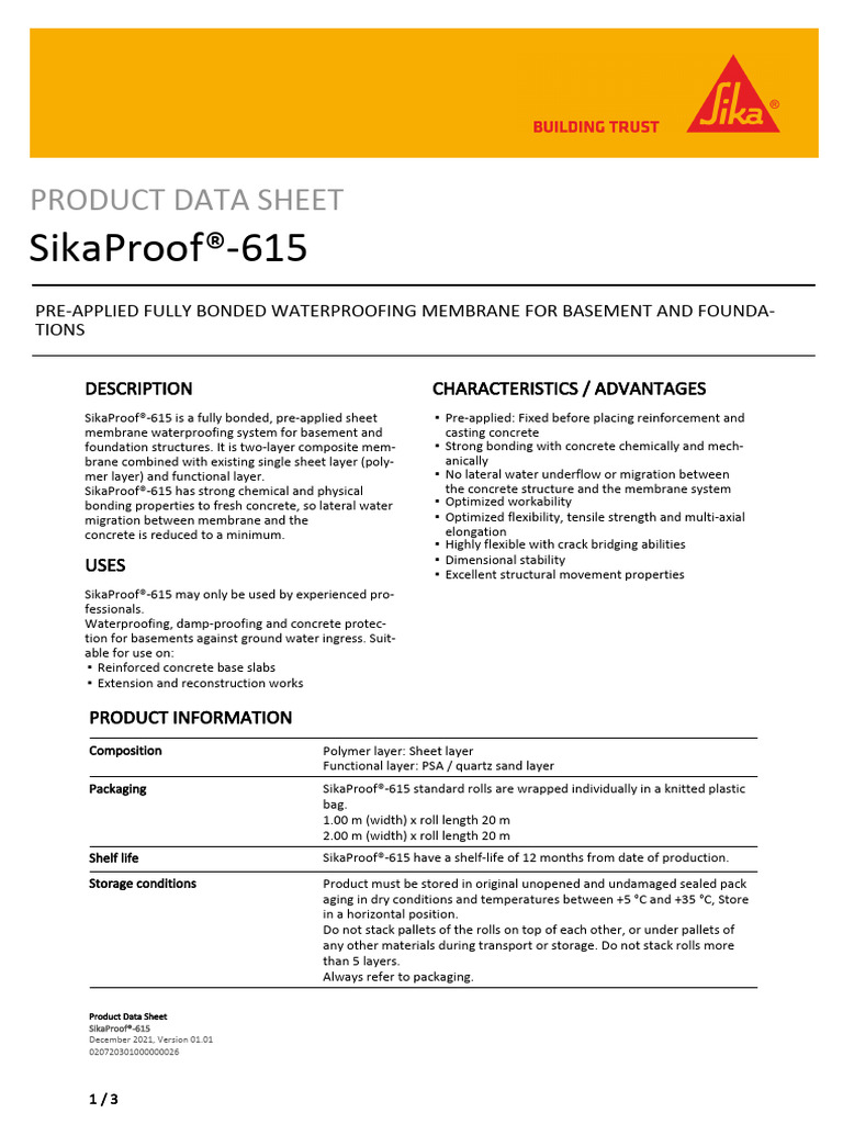 PDS SikaProof-615 | PDF | Concrete | Strength Of Materials