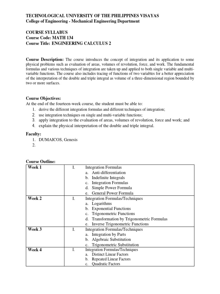 Manual - Engineering Calculus 2 - Course Syllabus | PDF | Integral | Function (Mathematics)