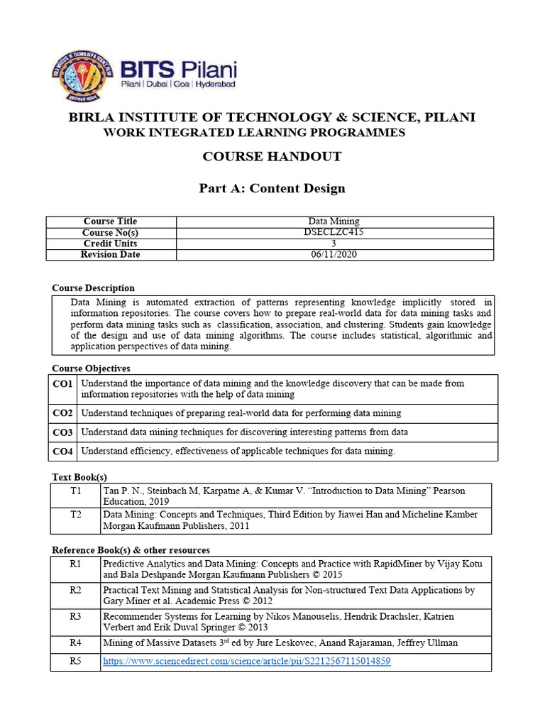 DataMining Course Handout | PDF | Cluster Analysis | Data Mining