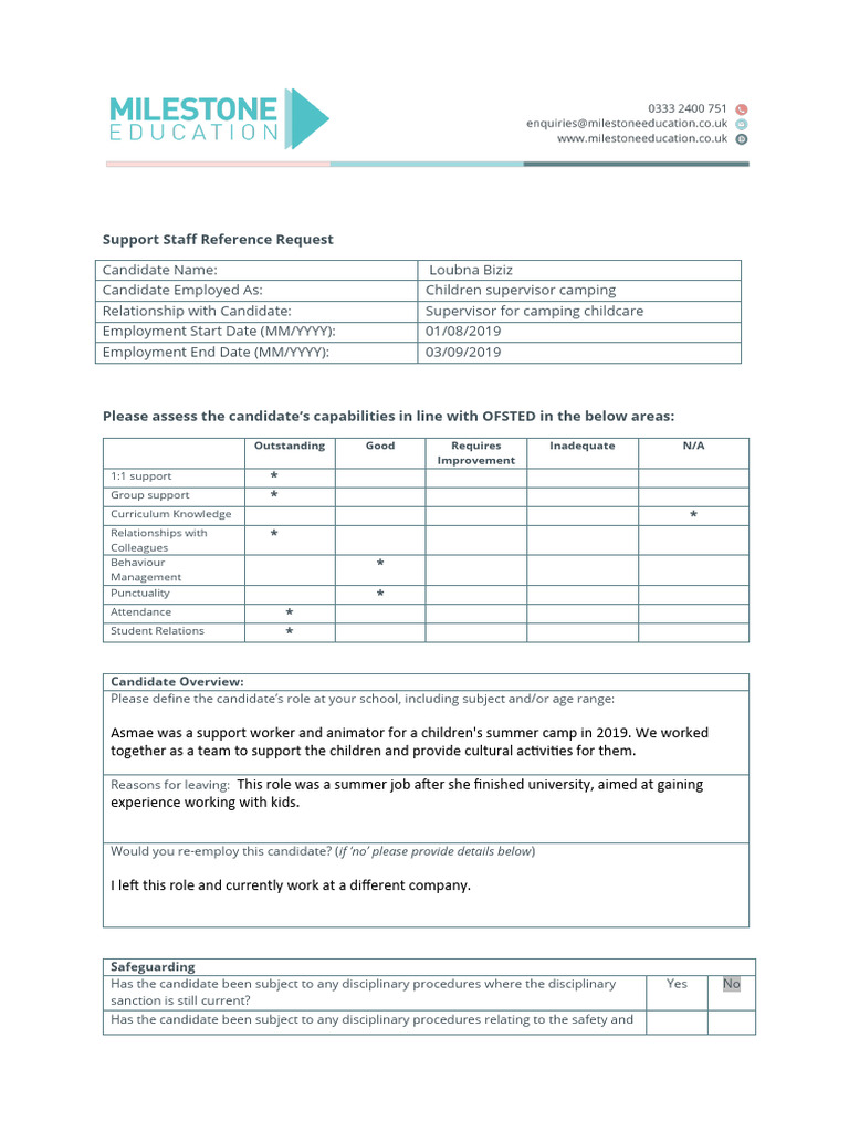 Support Staff Reference Request | PDF