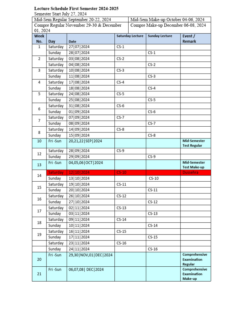 Semester Calendar First Semester 2024-2025 Start 27TH July | PDF ...