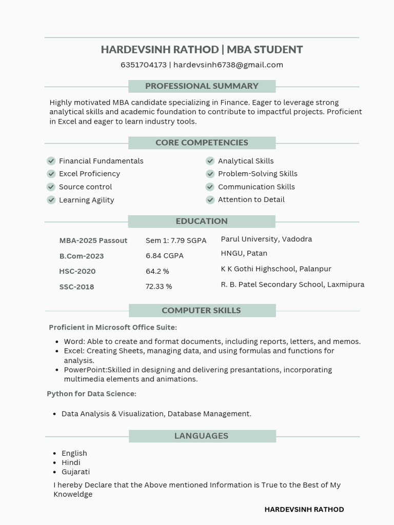 MBA Candidate Profile: Hardevsinh Rathod | PDF