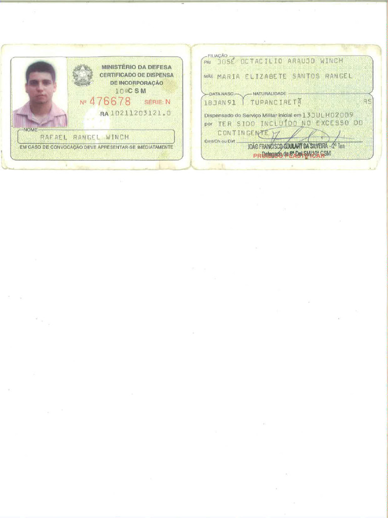 Certificado Reservista Frente e Verso Rafael | PDF