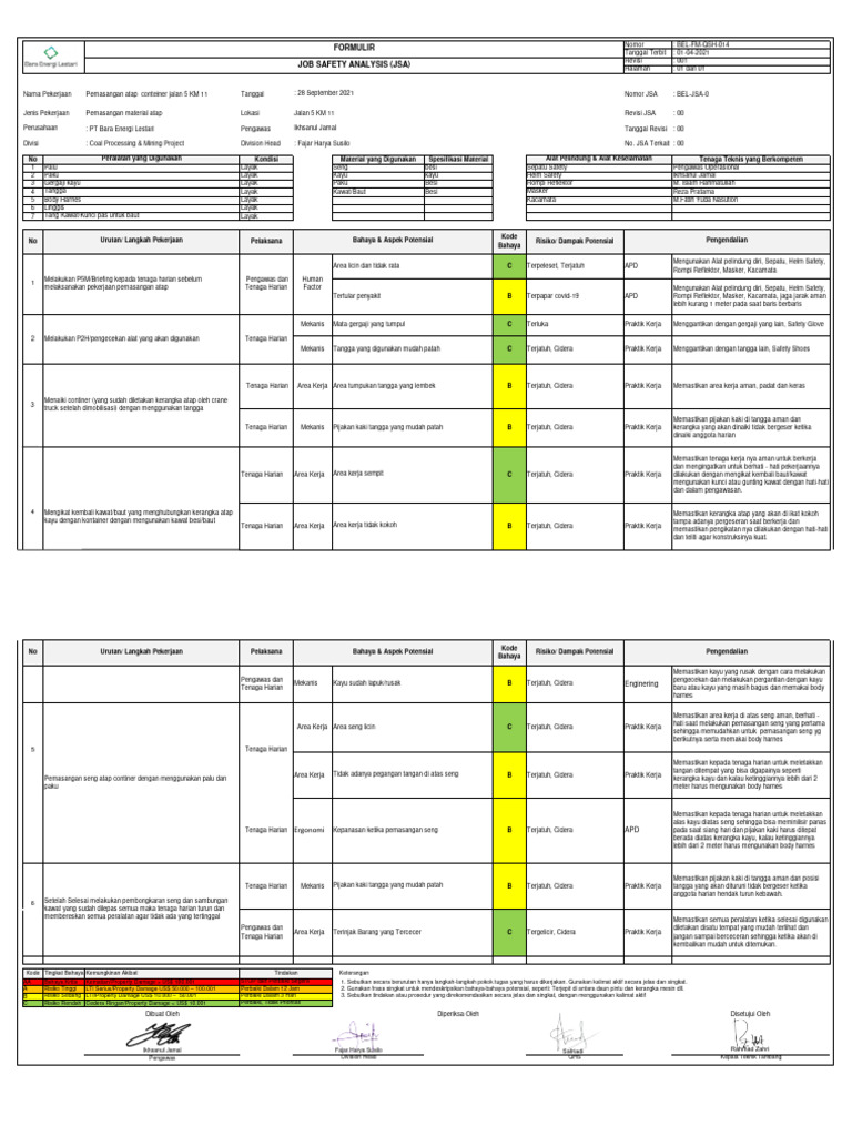 Formulir JSA Pemasangan Atap Konteiner - 300921 | PDF