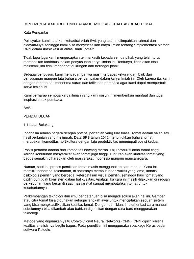 Implementasi Metode CNN Dalam Klasifikasi Kualitas Buah Tomat | PDF