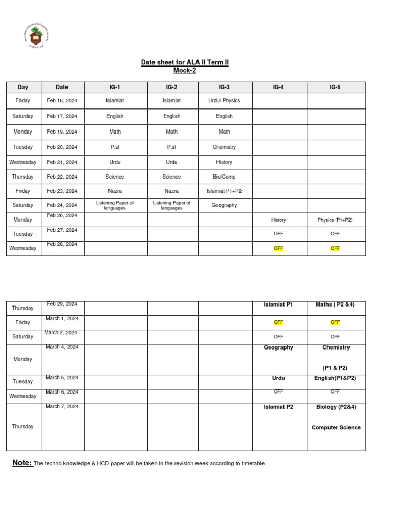 Revised ALA II Date Sheet 2023-24 (IGCSE) | PDF