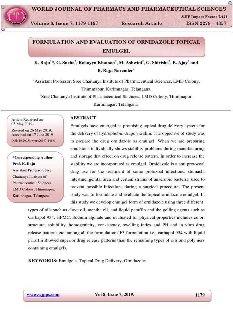 Formulation and Evaluation of Ornidazole Topical Emulgel | PDF ...