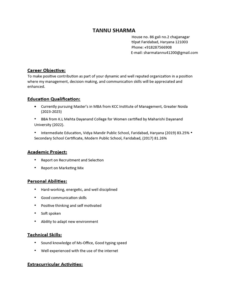 Tannu Resume PDF. Word | PDF