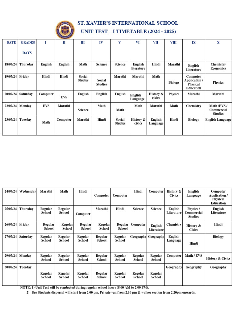 St. Xavier'S International School Unit Test - I Timetable (2024 - 2025 ...