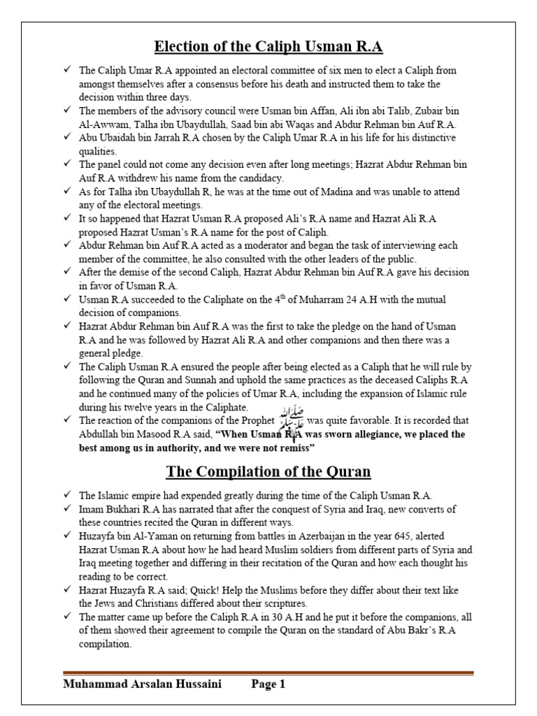 Election of The Caliph Usman R.A and Compilation of The Quran. | PDF ...