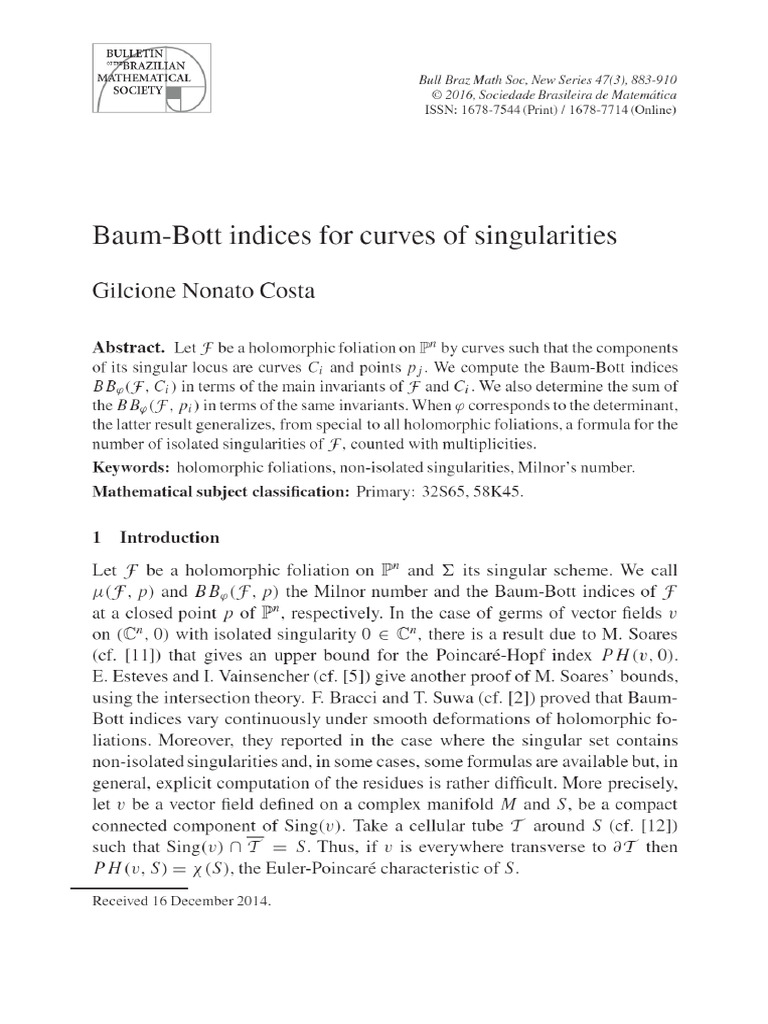 MAT - Costa Gilcione - Baum-Bott Indices For Curves of Singularities-2016 | PDF