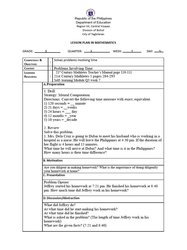 Prototype-Lesson-Plan-in-Math5 Q3-wk7-D5 | PDF | Homework | Lesson Plan