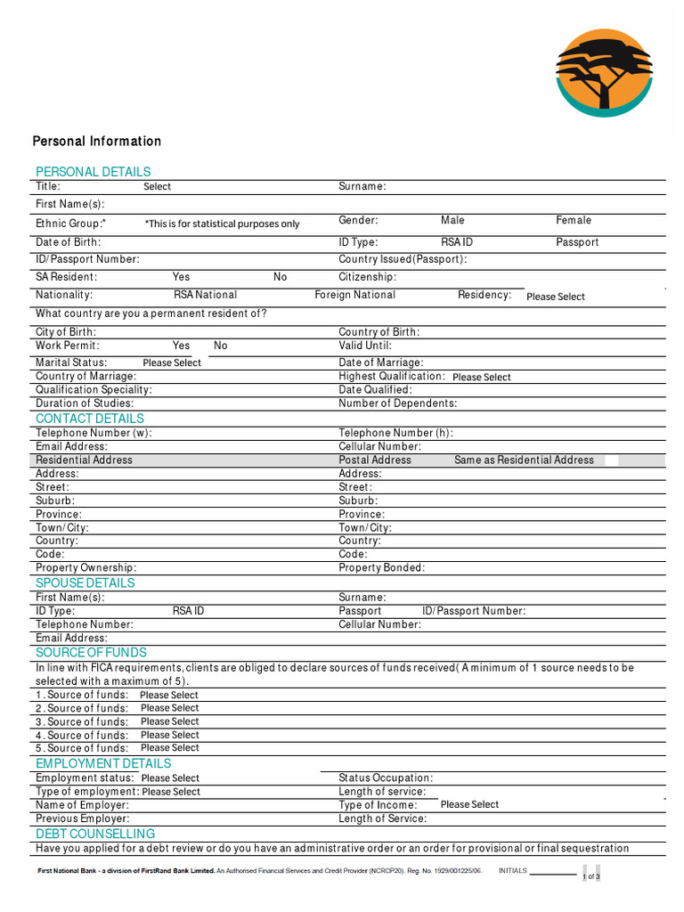 Personal Information Form FNB | PDF | Taxes | Banks