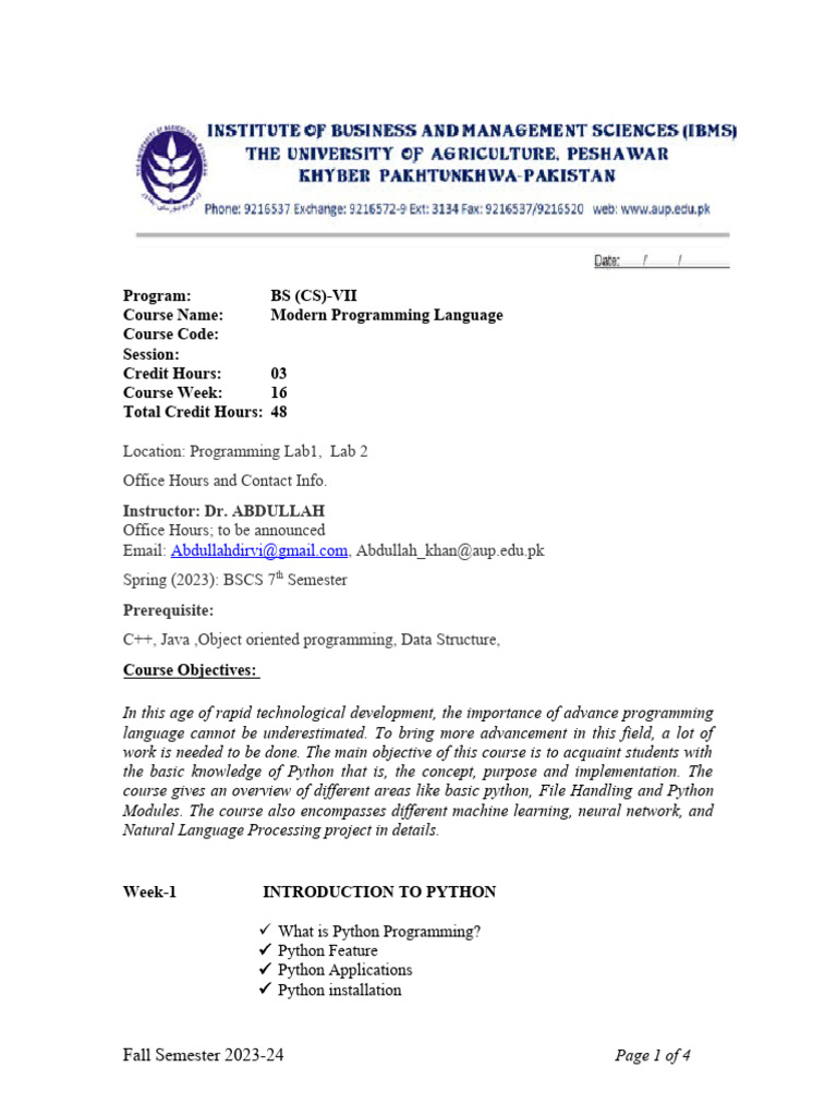 Modern Programming Language Course Outline | PDF | Python (Programming Language) | Control Flow