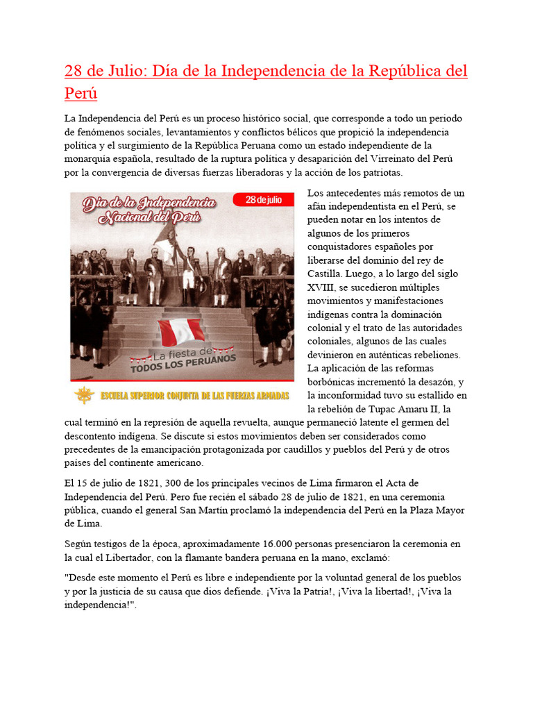 28 de Julio Día de La Independencia de La República Del Perú | PDF ...