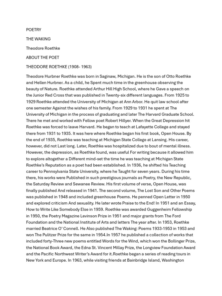 Theodore Roethke's "The Waking" Poem | PDF | Poetry