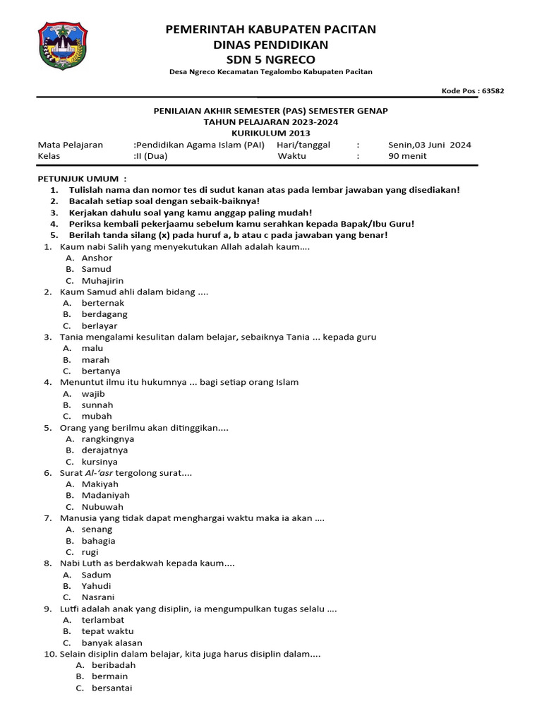 SOAL Kls 2 PAT | PDF