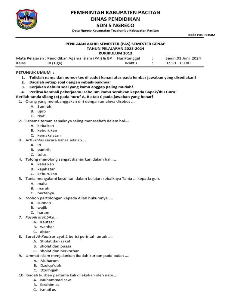 SOAL Kls 3 PAT | PDF
