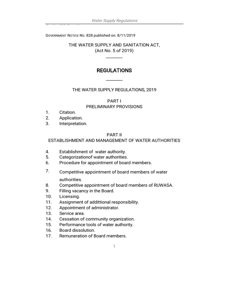 The Water Supply and Sanitation Regulations 2019 GN 828 | PDF
