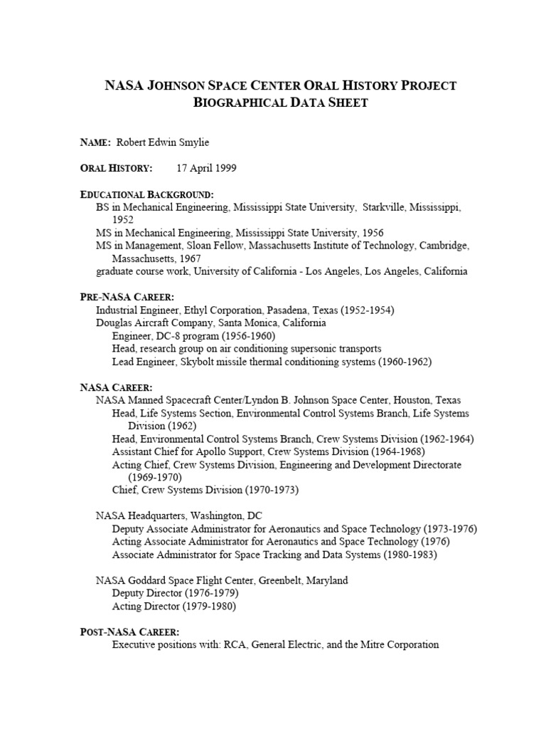 Biographical Data Sheet | PDF | Nasa | Apollo Program