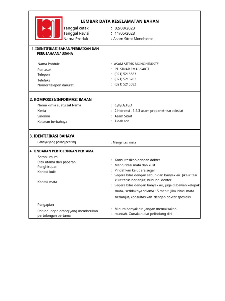 MSDS Citric Acid Monohydrate 2017 GSS-1.en - Id | PDF | Sains & Matematika