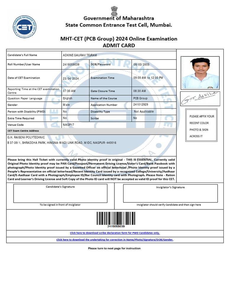 Government of Maharashtra State Common Entrance Test Cell, Mumbai. MHT ...