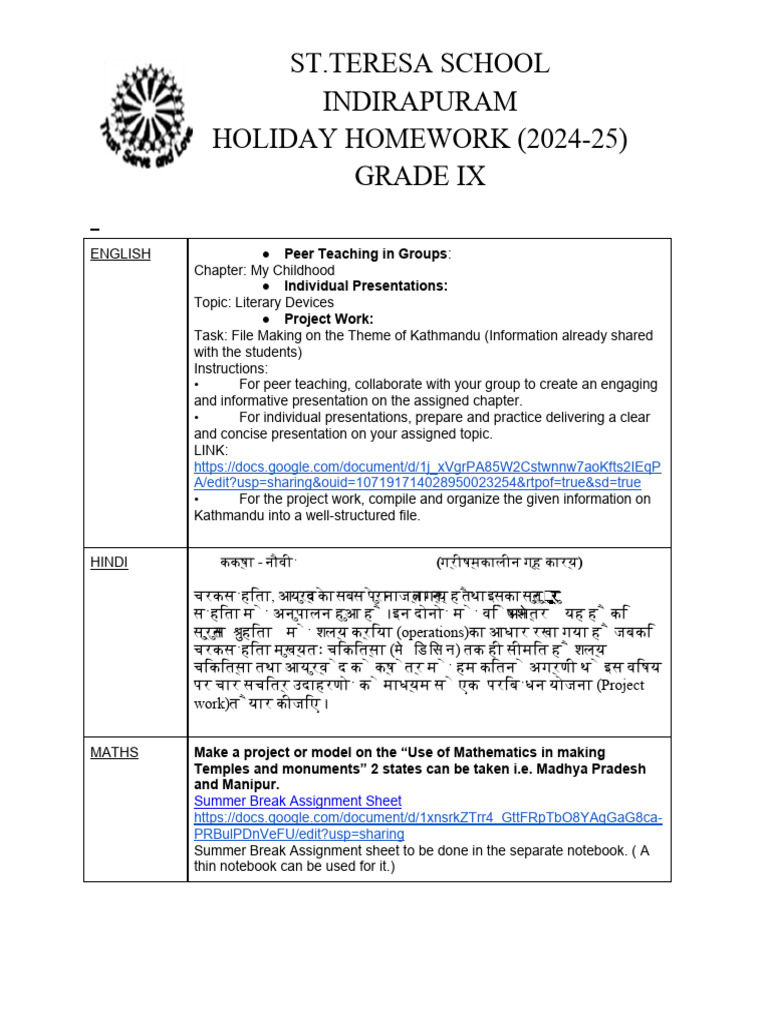 Holiday Homework (2024-25) For Grade Ix | PDF