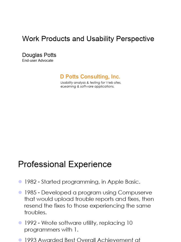 D Potts Consulting - Work Products and Usability Perspective | PDF | Usability | Software ...