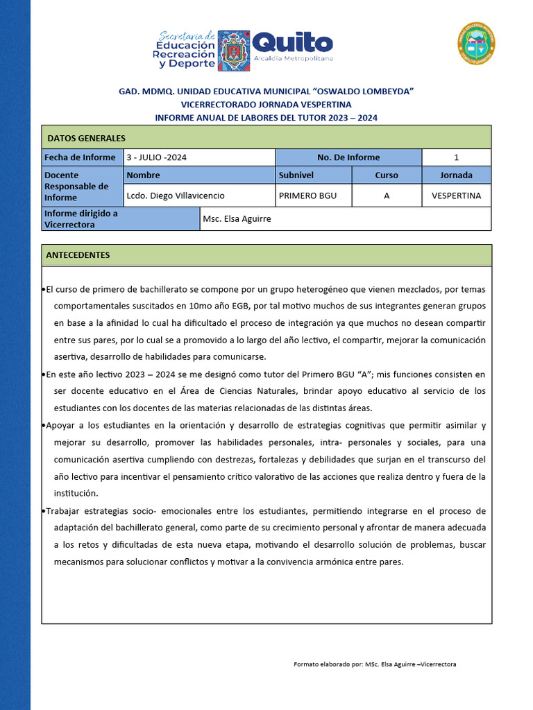 Informe Anual de Labores Del Tutor (1° A) 2023-2024 | PDF