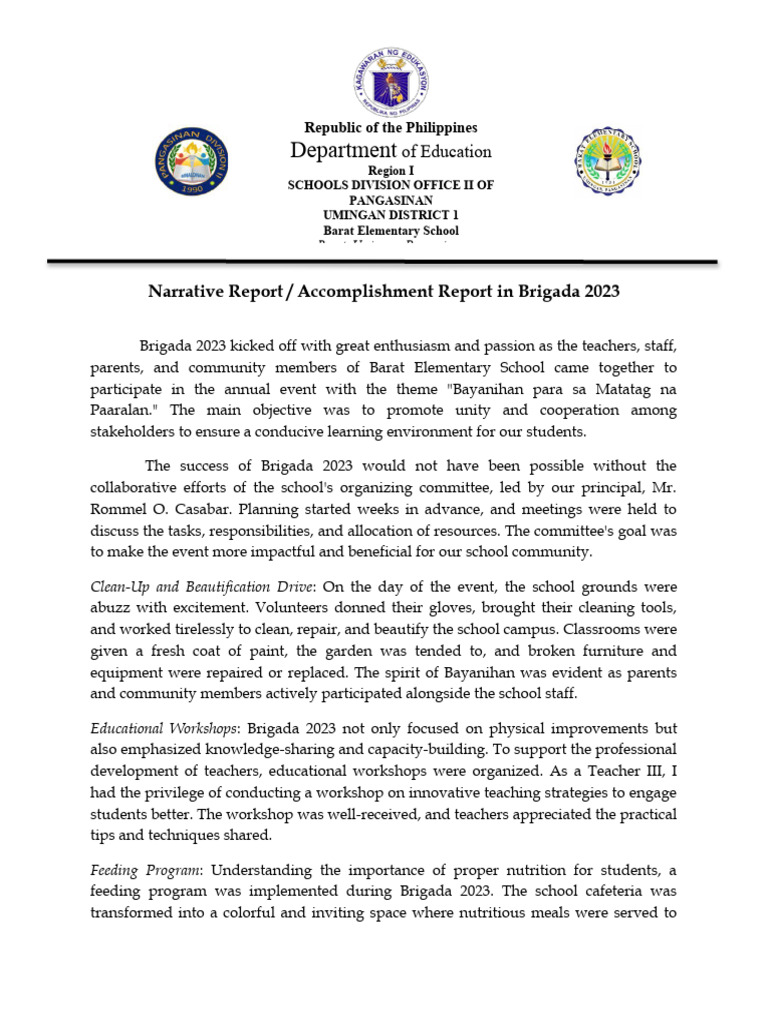 Narrative Accomplishment Report | PDF | Teachers | Behavior Modification