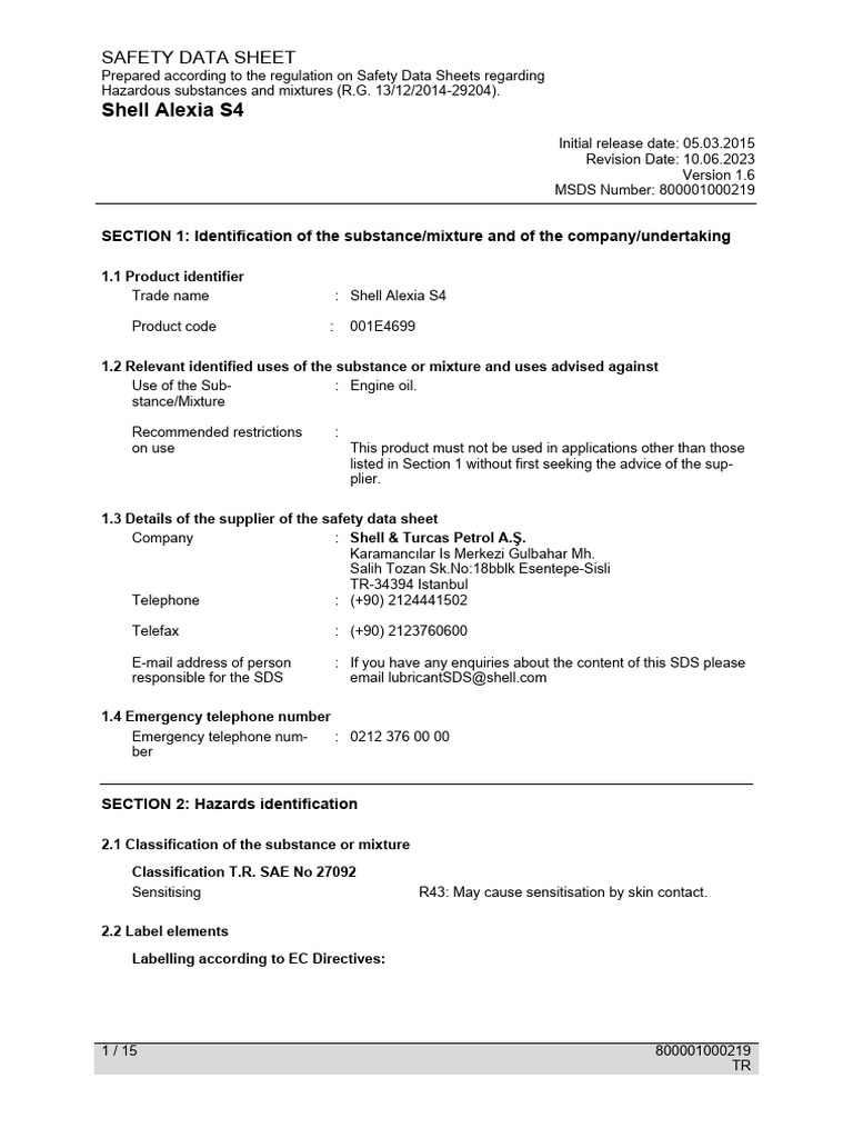 Msds en Shell Alexia s4 | PDF | Toxicity | Safety
