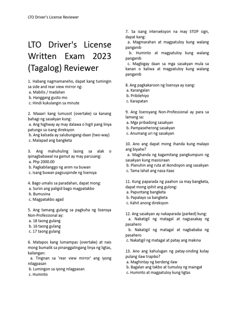LTO Drivers License Written Exam Reviewer 2023 Tagalog | PDF