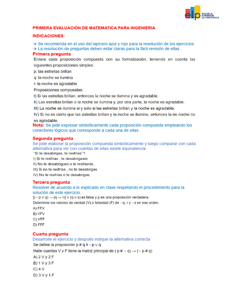 Primera Evaluaci%c3%93n de Matematica Para Ingenieria | PDF