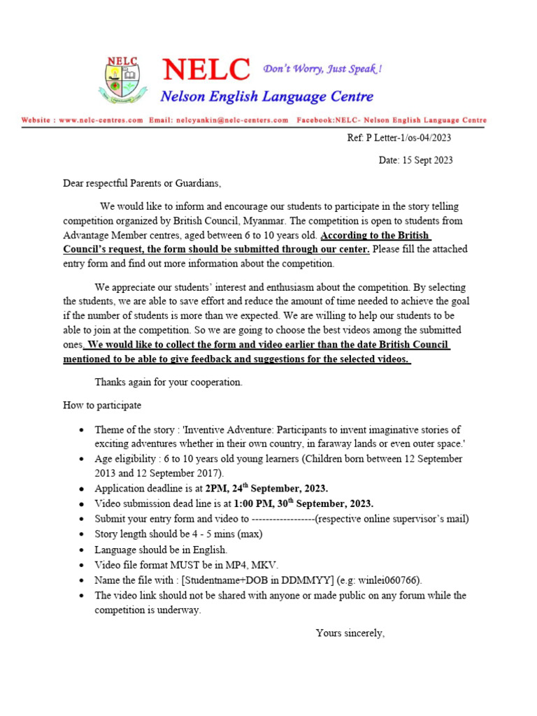 Information of BC Story Telling Competition For Online Classes | PDF